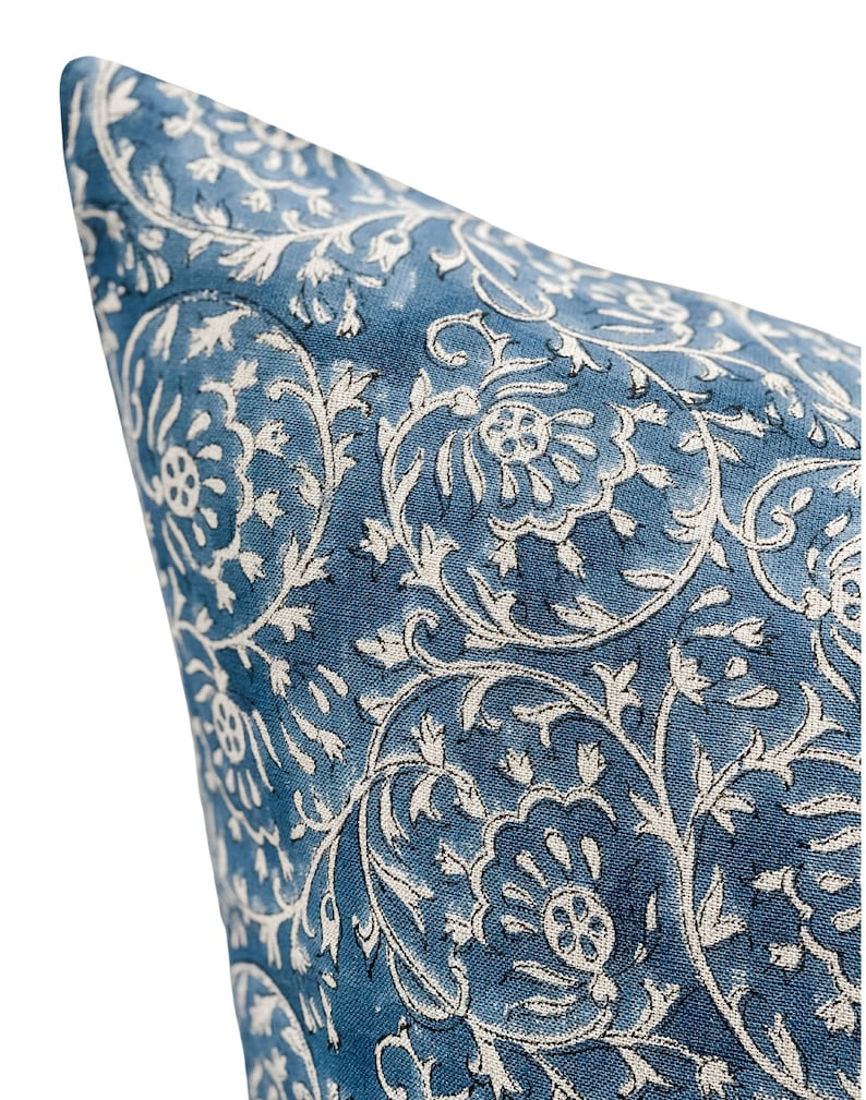 Designer Floral Indigo Blue on Natural Linen Pillow Cover, Blue Pillow ...