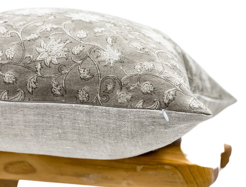 Designer Soft Grey Beige Floral Design on Natural Linen Pillow Cover ...
