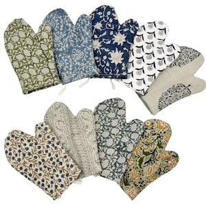 Linen Oven Glove, Floral Oven Mitt, Block Printed Linen Kitchen Glove ...