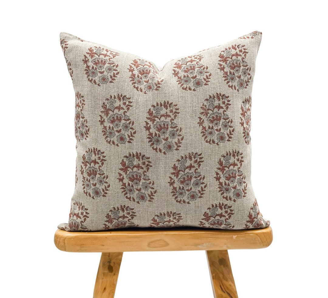 Designer Floral Rust Saffron With Blue Grey on Natural Linen Pillow ...