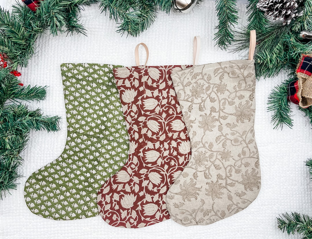 Christmas Decor, Block Printed Stockings, Floral Stockings, Farmhouse ...