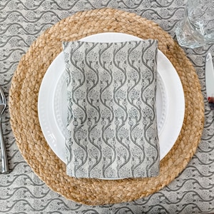 Designer Grey Floral Design on Natural Linen Table Cover, Neutral Table ...