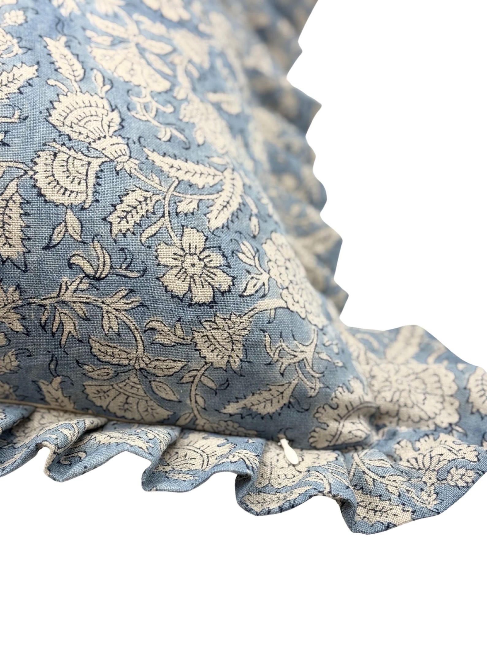 Light Denim Blue Floral Pillow With Ruffle, Light Blue Linen Pillow ...