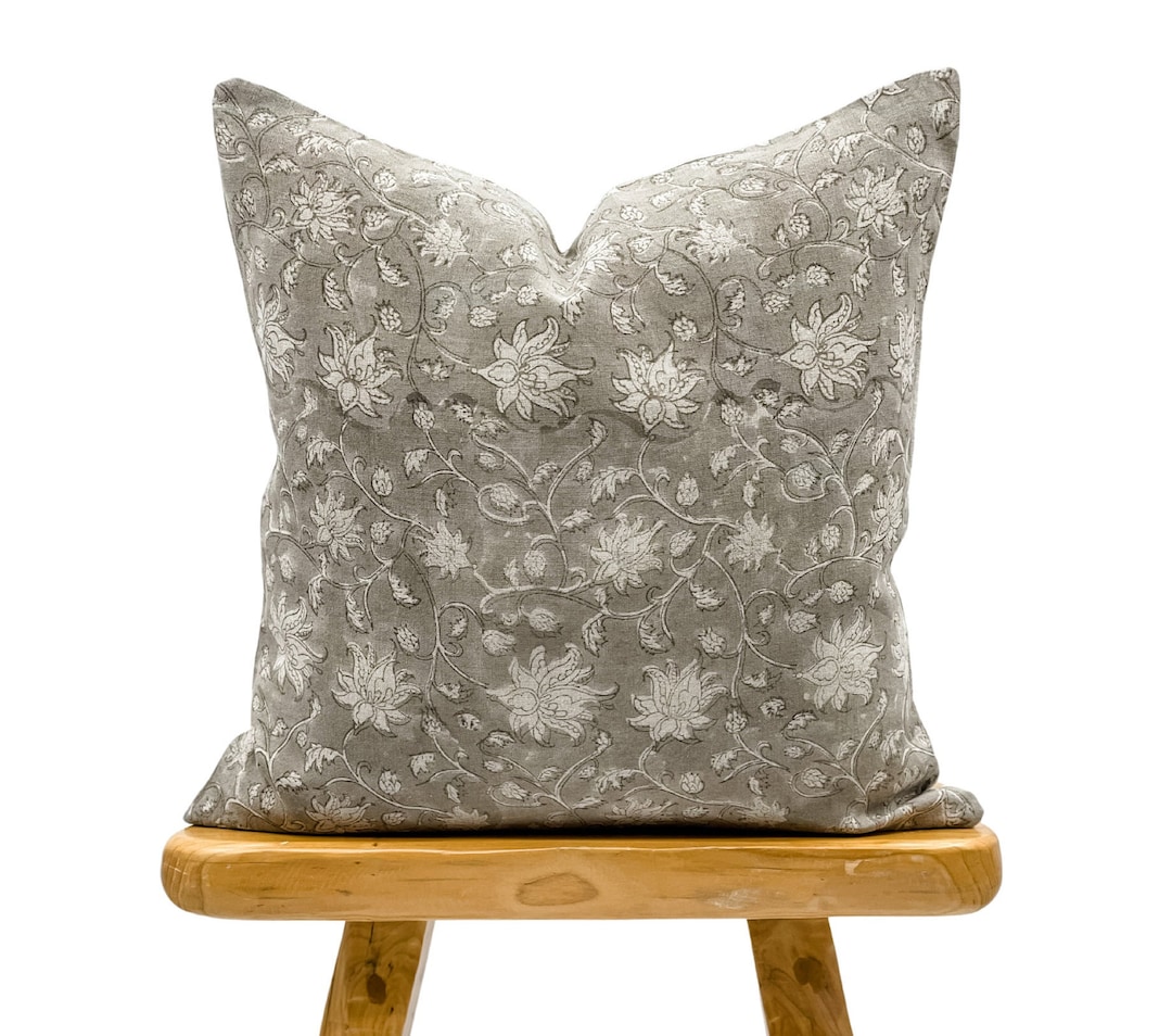 Designer Soft Grey Beige Floral Design on Natural Linen Pillow Cover ...