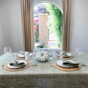 Light Olive Green Floral Design on Natural Linen Table Cover, Neutral ...