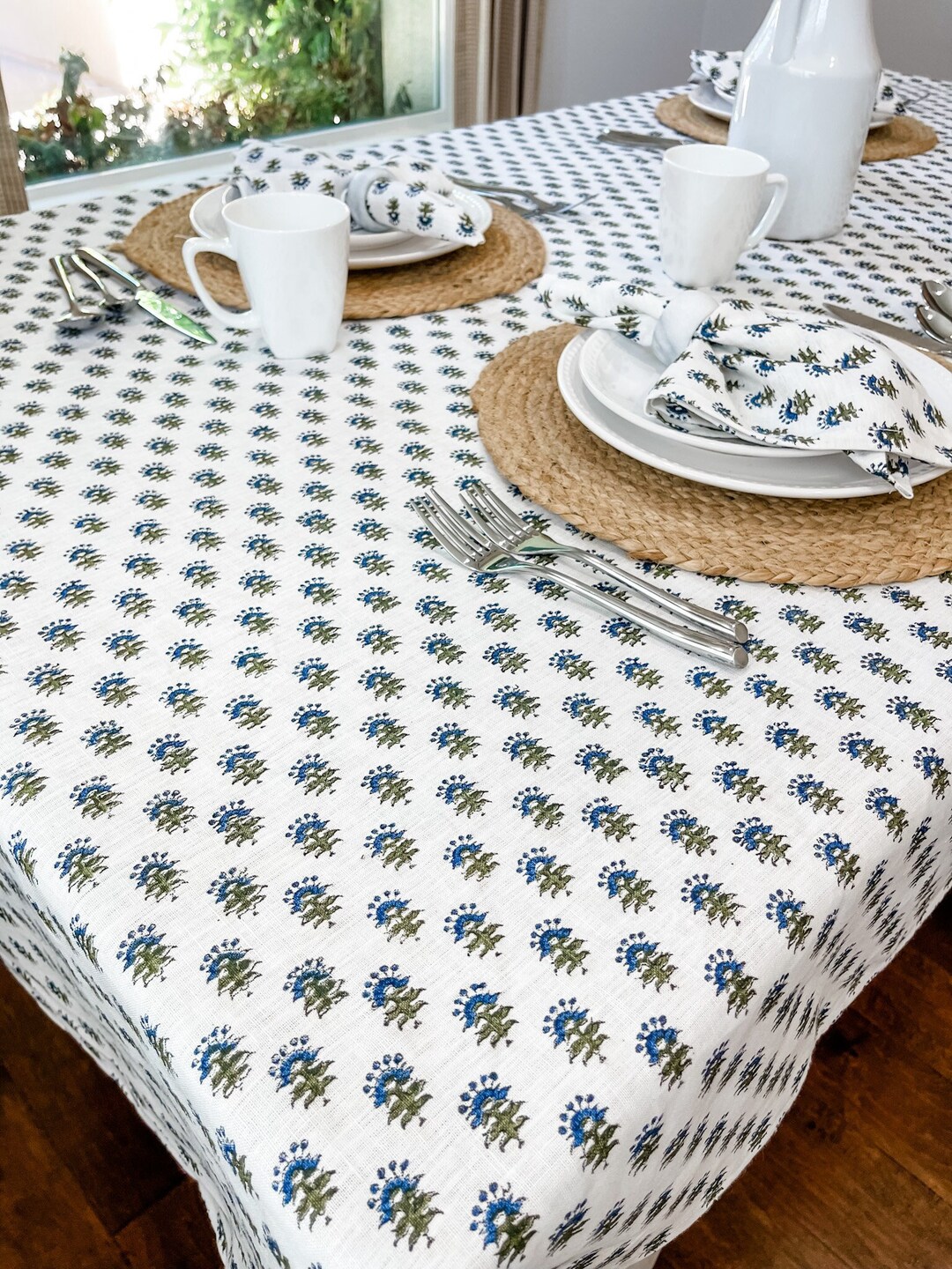 Blue and Green Floral on off White Linen Table Cover, Farmhouse Table ...