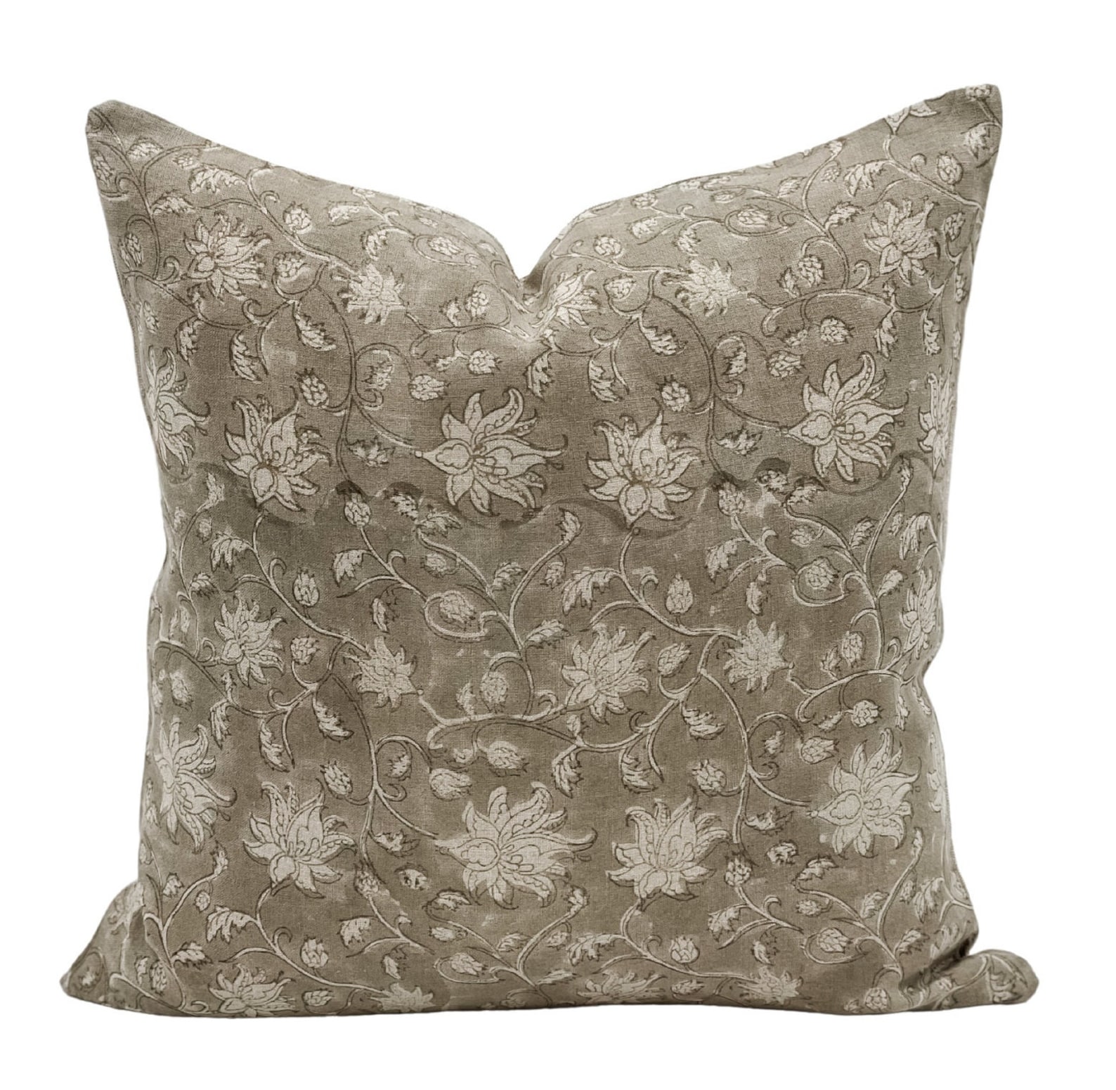 Designer Soft Grey Beige Floral Design on Natural Linen Pillow Cover ...