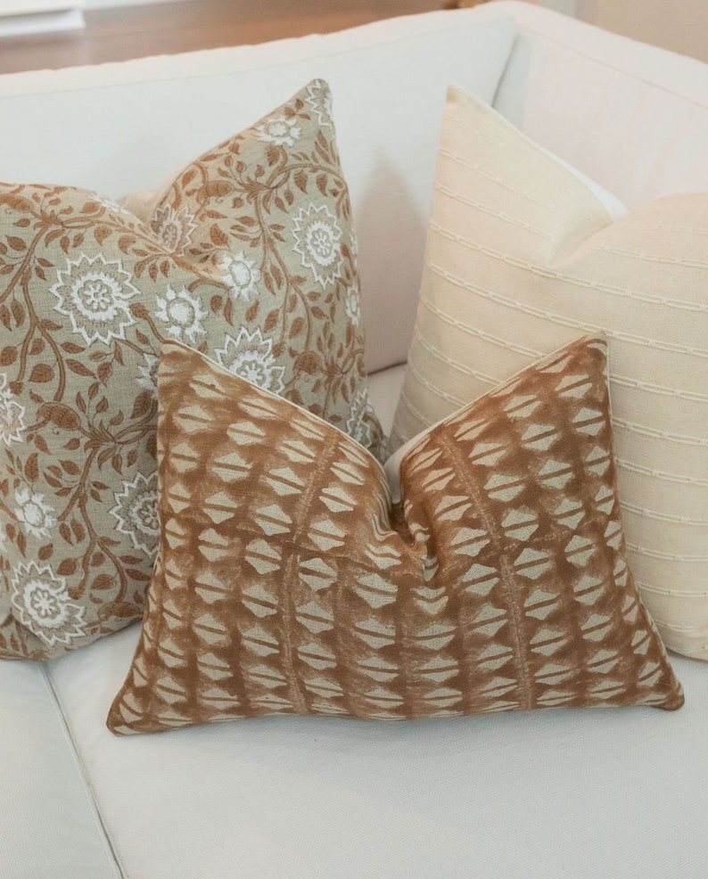 Designer Tan Brown Geometric Print on Natural Linen Pillow Cover, Tan ...