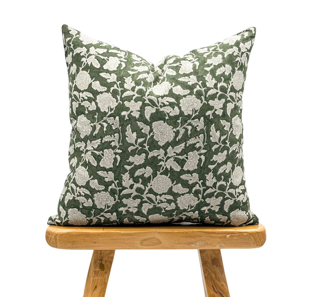 Designer Olive Green Floral on Natural Linen Pillow Cover, Dark Green ...
