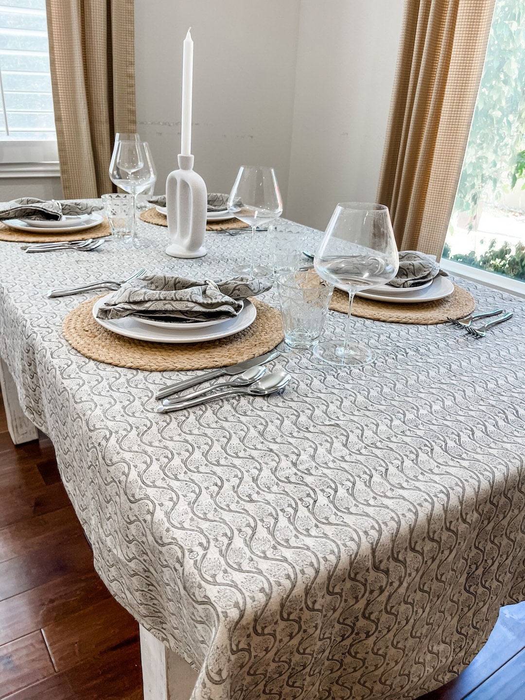 Designer Grey Floral Design on Natural Linen Table Cover, Neutral Table ...