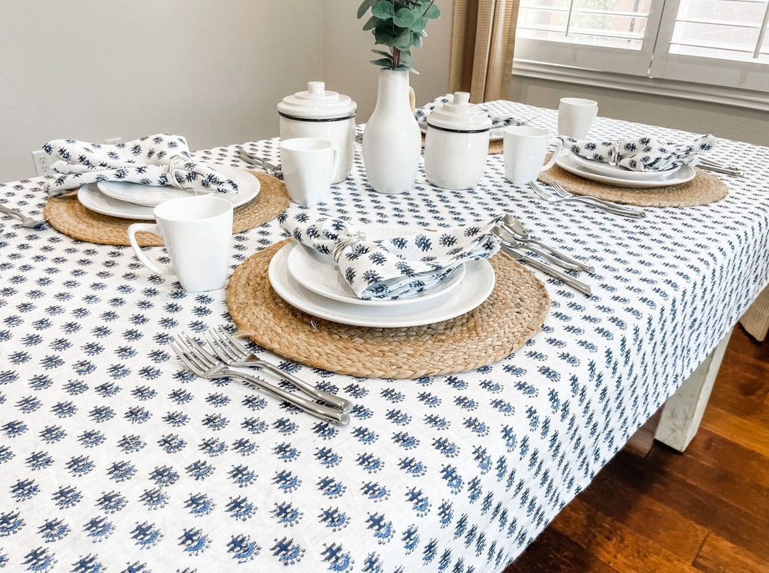 Blue Floral Design on off White Linen Table Cover, Farmhouse Table ...