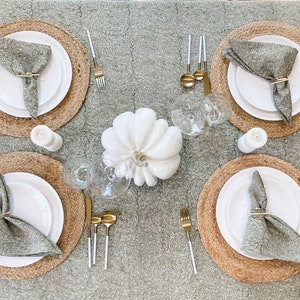 Light Olive Green Floral Design on Natural Linen Table Cover, Neutral ...