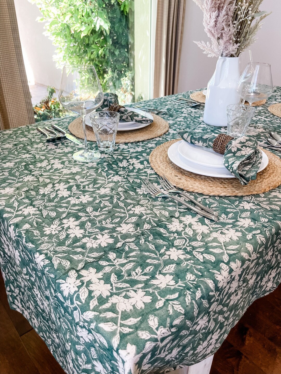 Designer Green Floral Design on Natural Linen Table Cover, Neutral ...