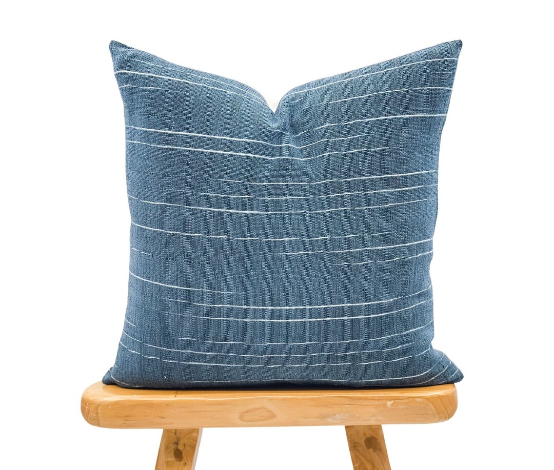 Handwoven Solid Dark Blue Pillow Cover, Dark Blue With White Stripes ...