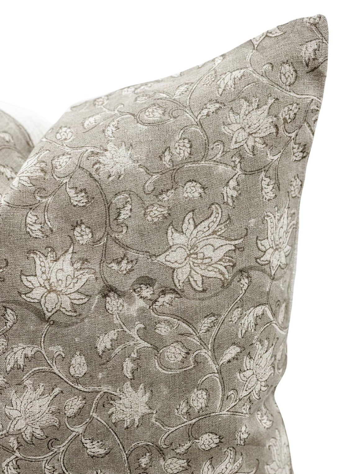 Designer Soft Grey Beige Floral Design on Natural Linen Pillow Cover ...