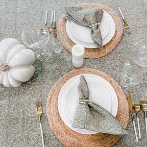 Light Olive Green Floral Design on Natural Linen Table Cover, Neutral ...