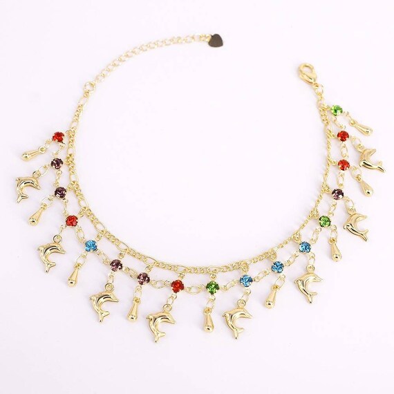 18k Layered real gold filled anklet bracelet with dolphins 10 | Etsy