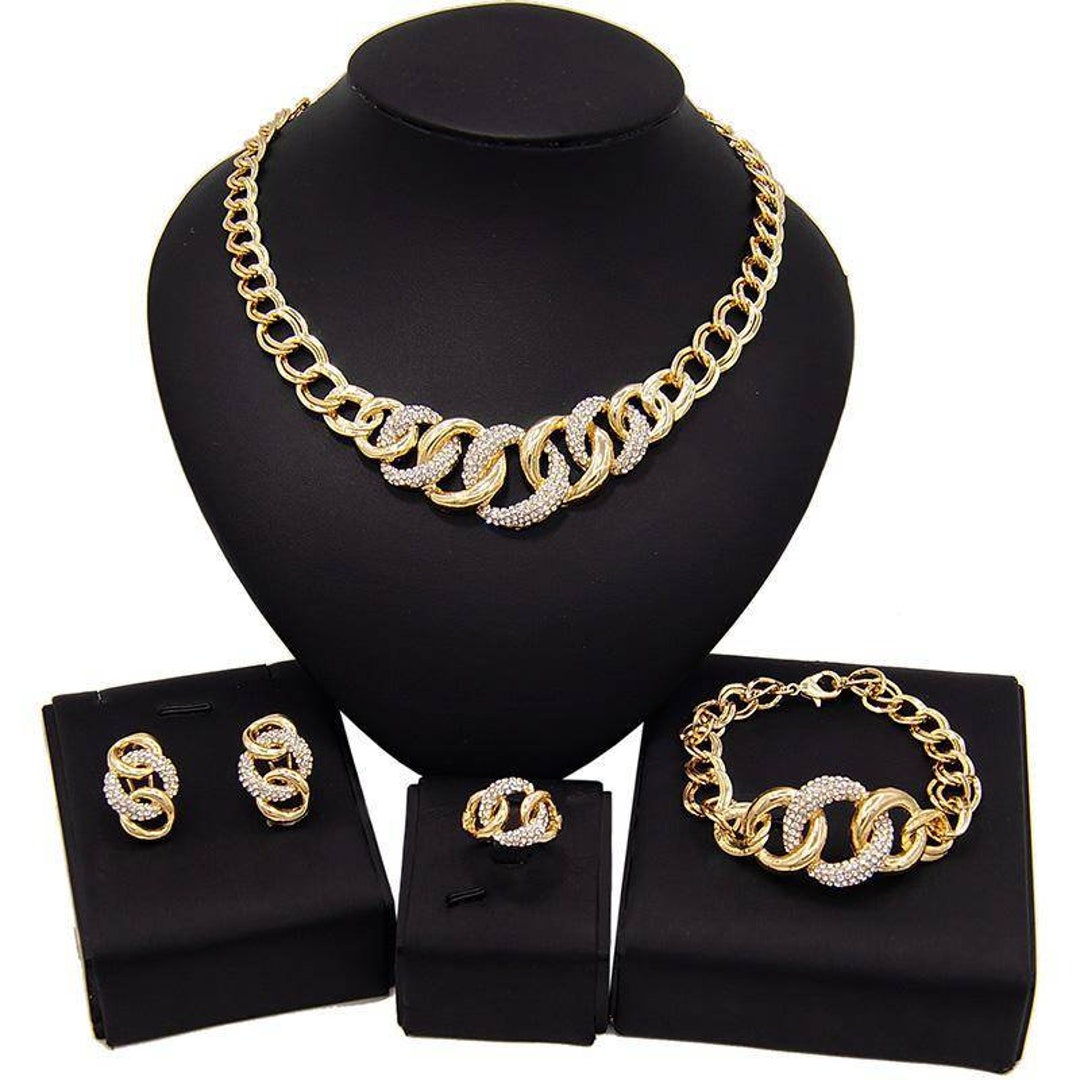 HUGS &KISSES Cuban Set Necklace Bracelet Earrings Ring 18k - Etsy