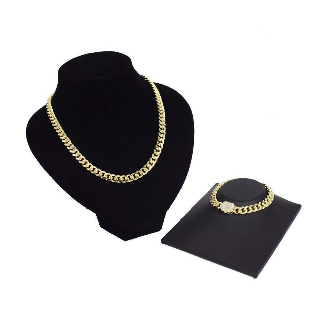 18k Layered Real Gold Filled Miami Cuban Set Necklace Bracelet Box Lock ...