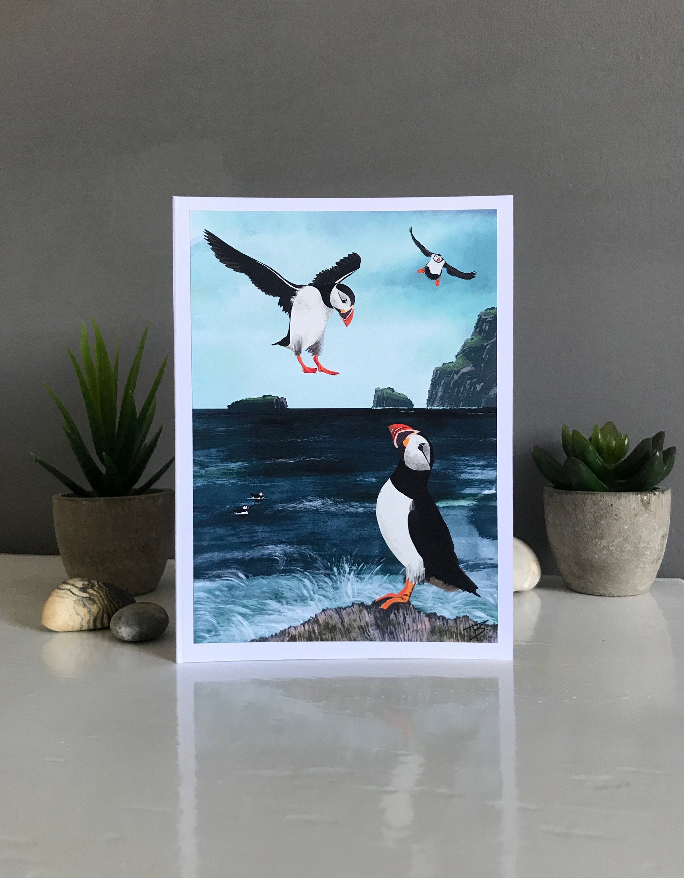 Puffin Card, Handmade Greetings Card, Art Card, Puffins Flying at Sea ...