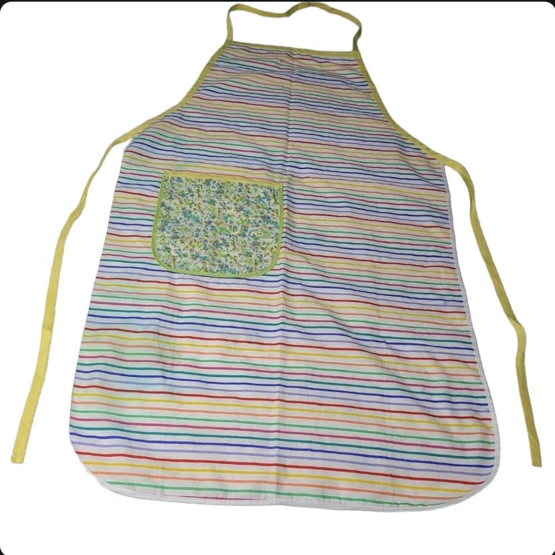 Vintage Retro 80s Rainbow Striped Floral Kitchen Apron Cottage Kidcore ...