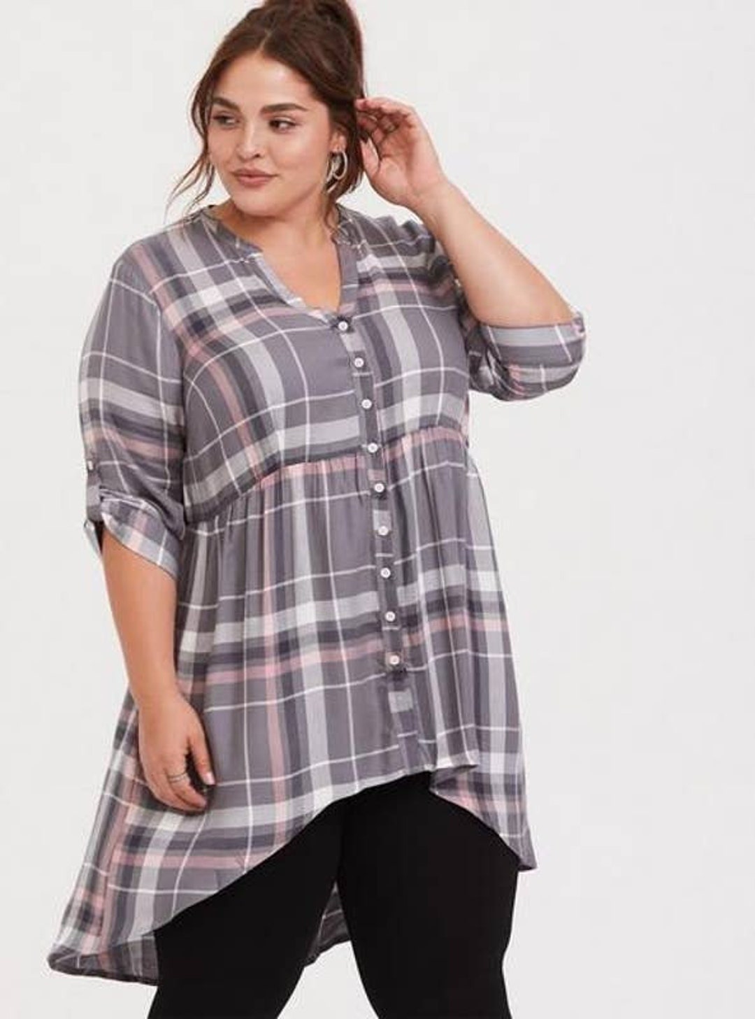 Torrid Hi Low Button Front Long Sleeve Plaid Gray Tunic Plus - Etsy