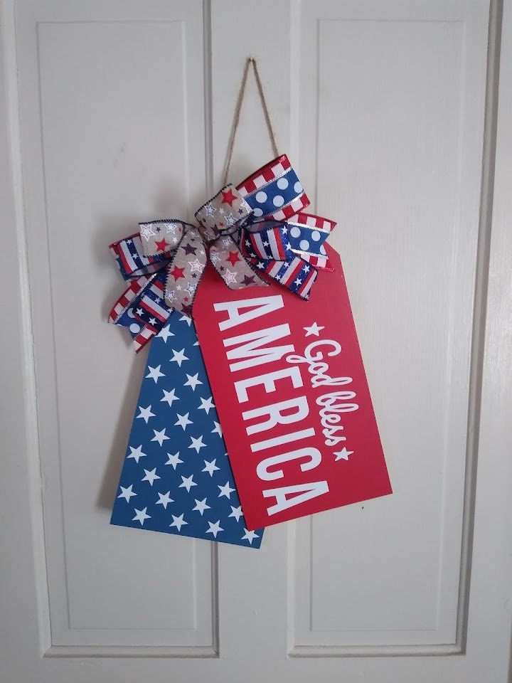 Patriotic Tag Sign, Red, White, and Blue Door Hanger, God Bless America ...