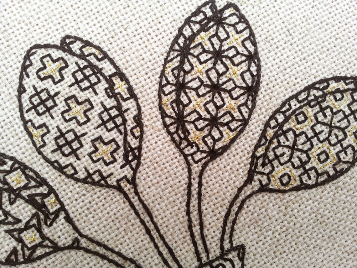 Blackwork Pattern, Tulips in Vase, Gold Details, Traditional Style ...