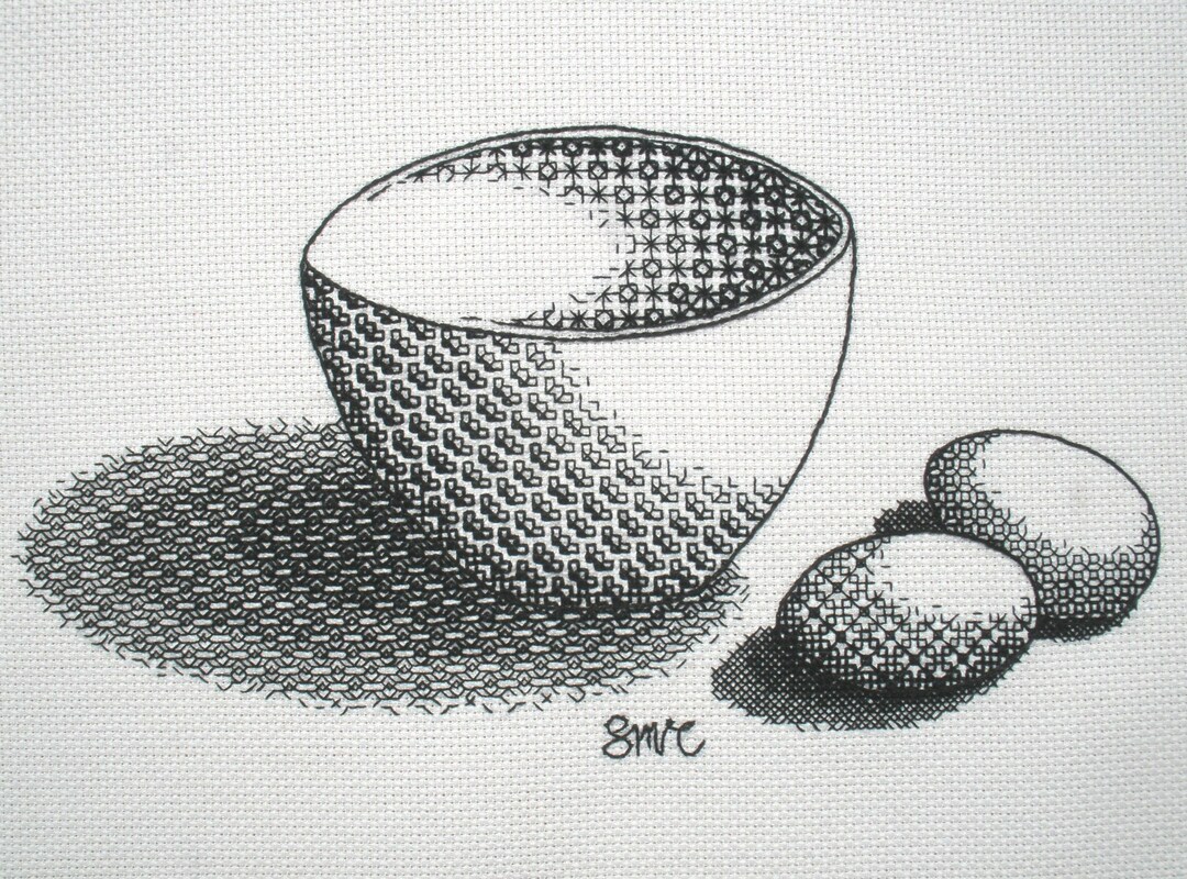 Blackwork Pattern, Eggs and Bowl, Aida Fabric, Shaded Design, 3D Effect ...