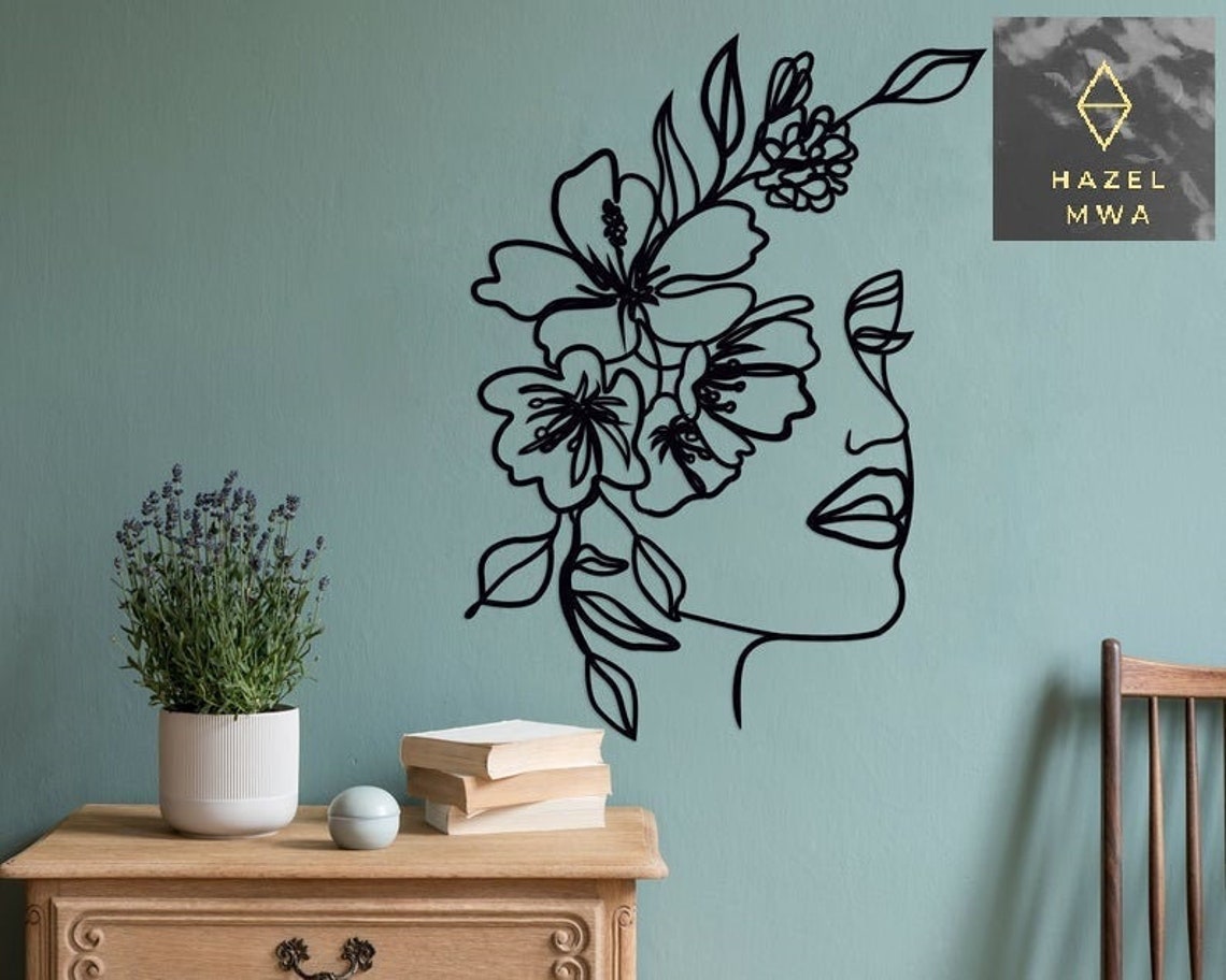 One Line Women Face With Floral Large Metal Wall Art for - Etsy