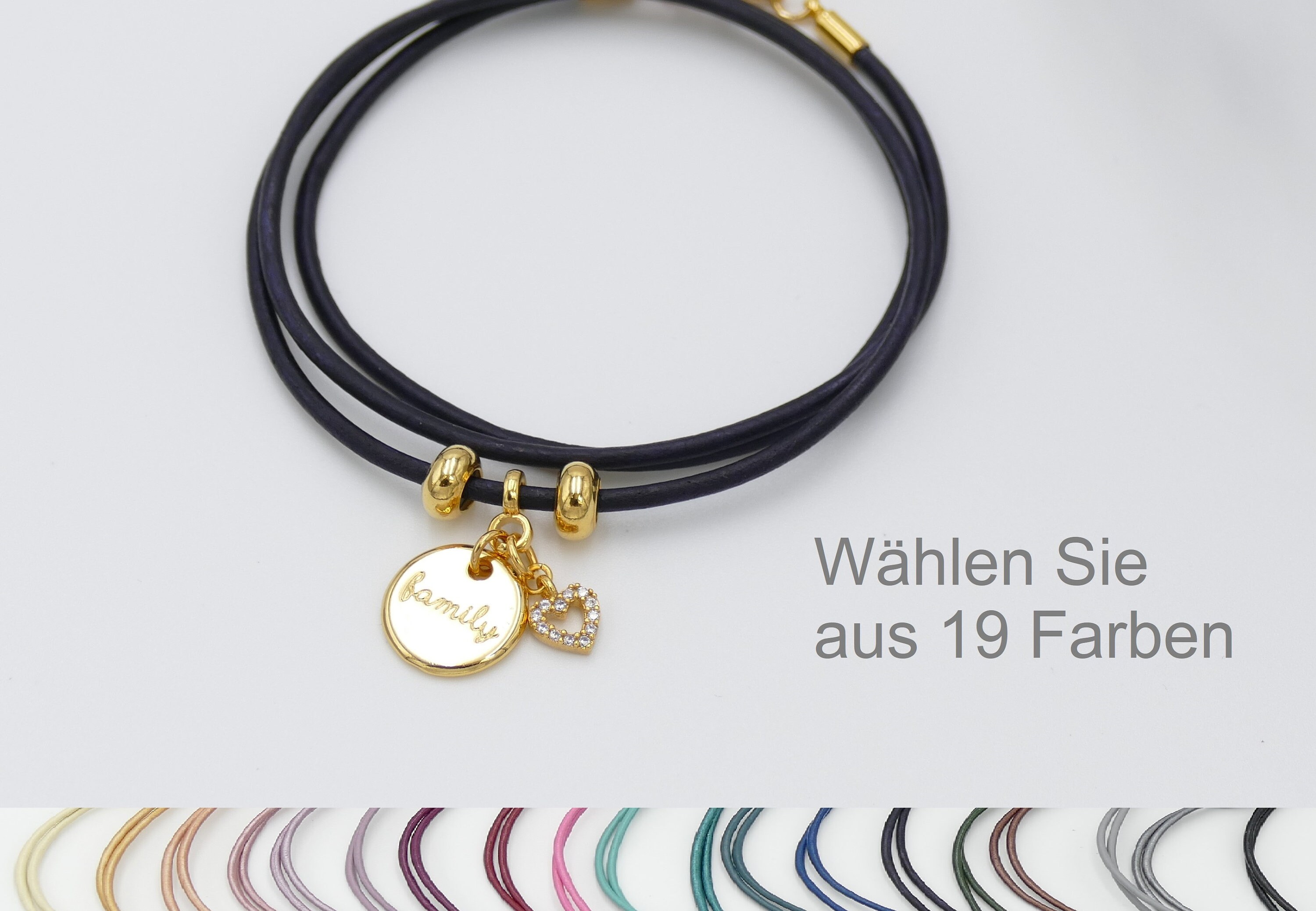 Armband "Familie"/"Family", Gold- und Zirkonia-Anhänger, echtes Leder ...