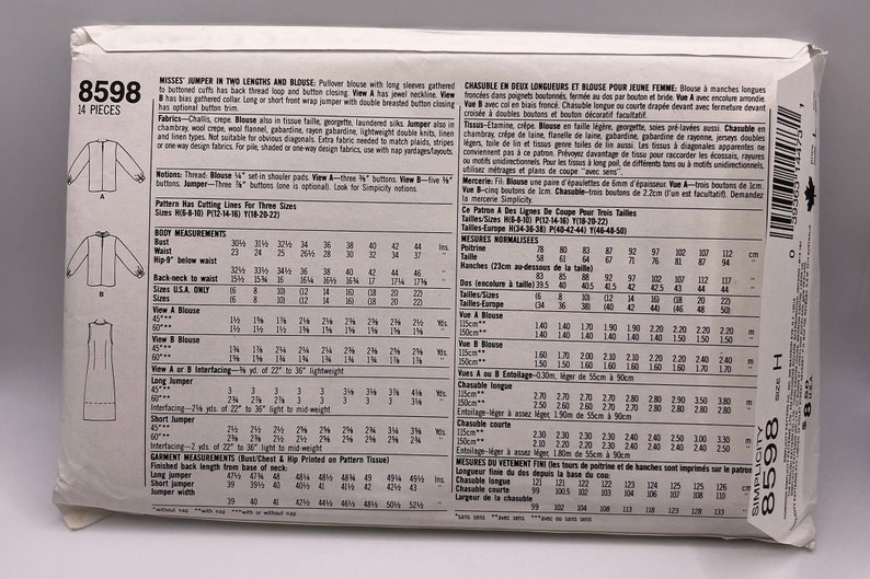 Simplicity 8598 Pattern Size H 6-10 Misses' Jumper in Two Lengths and ...
