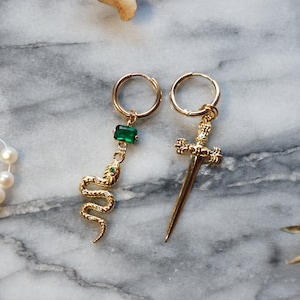 LOKI Green Snake and Dagger Hoop Mismatched Gold Earrings - Etsy