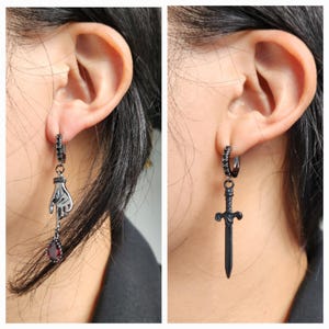 LADY MACBETH Gold / Silver / Black Sword, Hand and Blooddrop Earrings ...