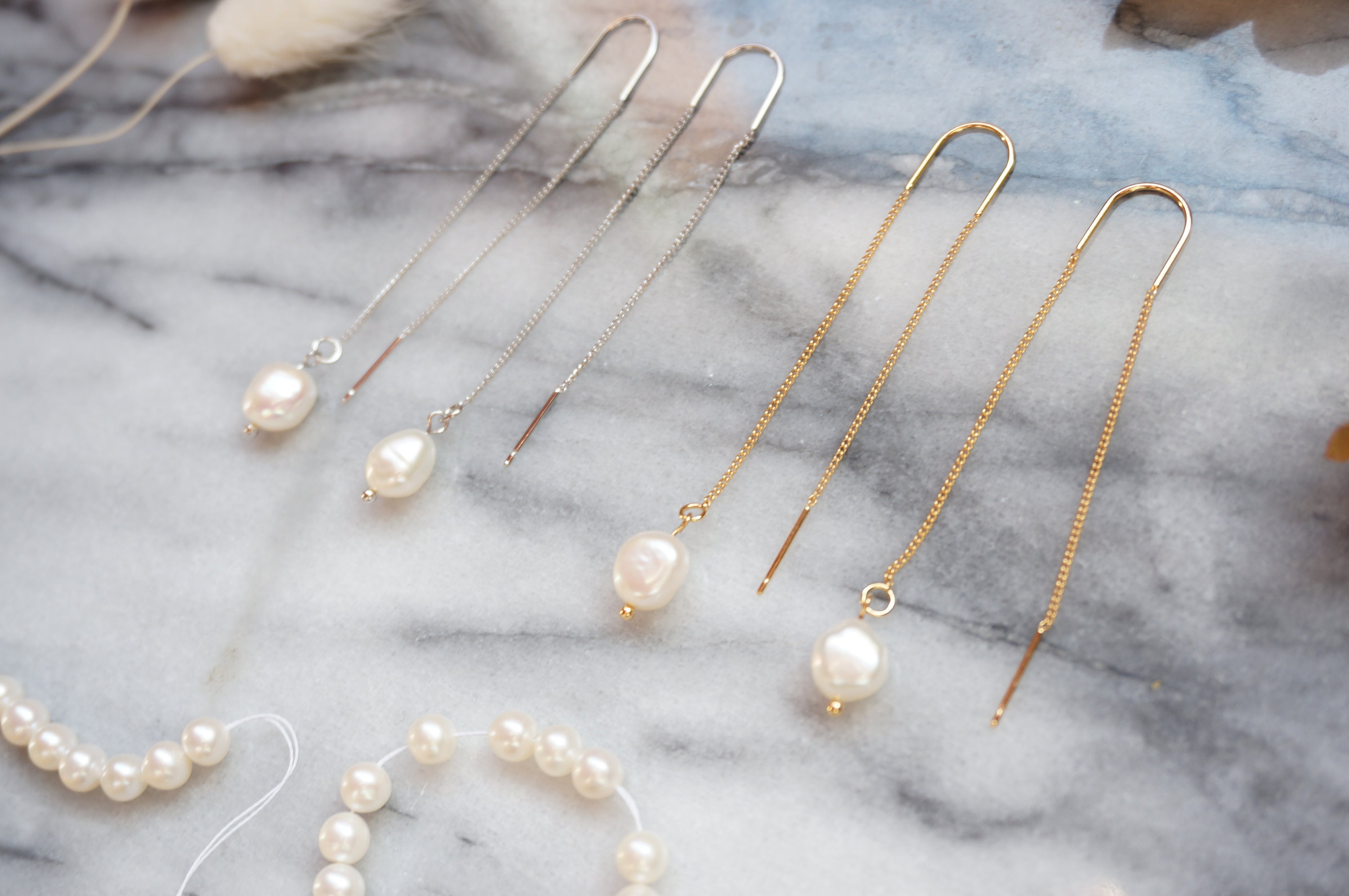 Gold/Silver Minimal Pearl Threader Earrings / Dainty Wedding | Etsy