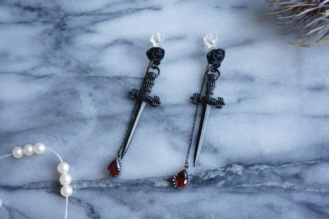 ROMEO Black Rose, Dagger and Blood Drop Earrings - Etsy