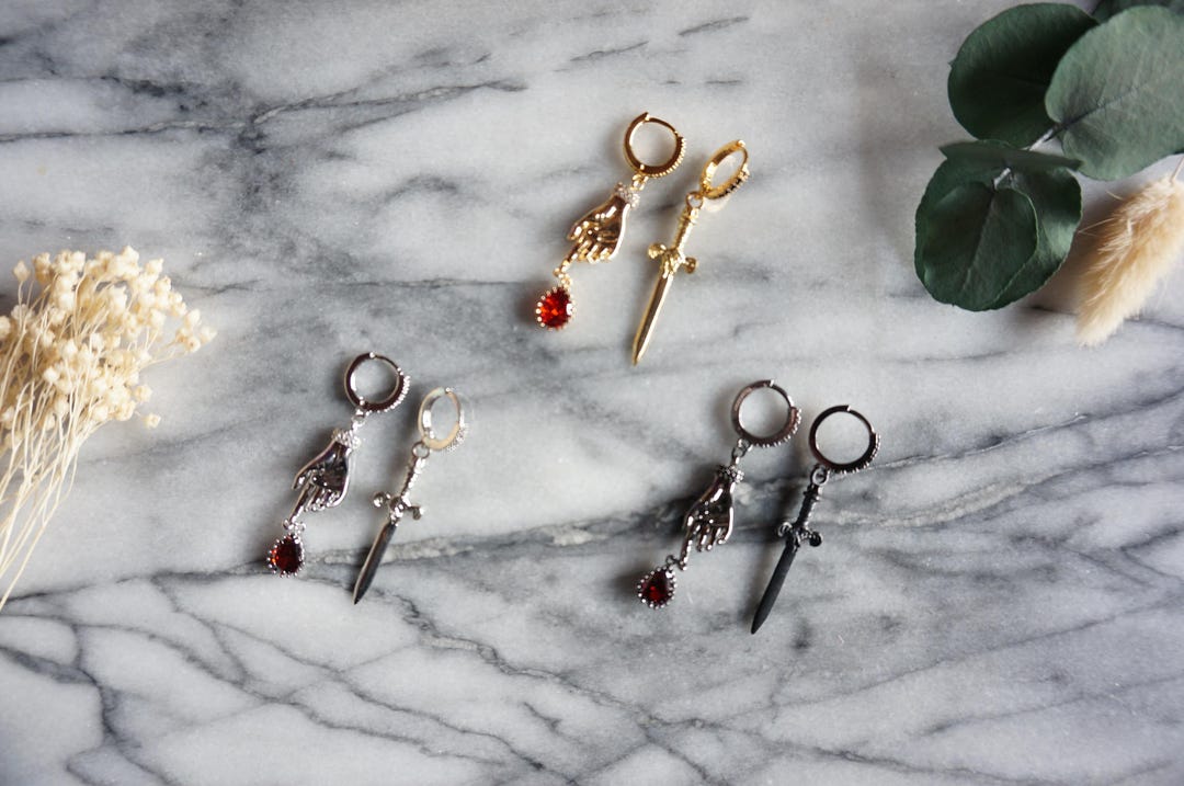 LADY MACBETH Gold / Silver / Black Sword, Hand and Blooddrop Earrings ...