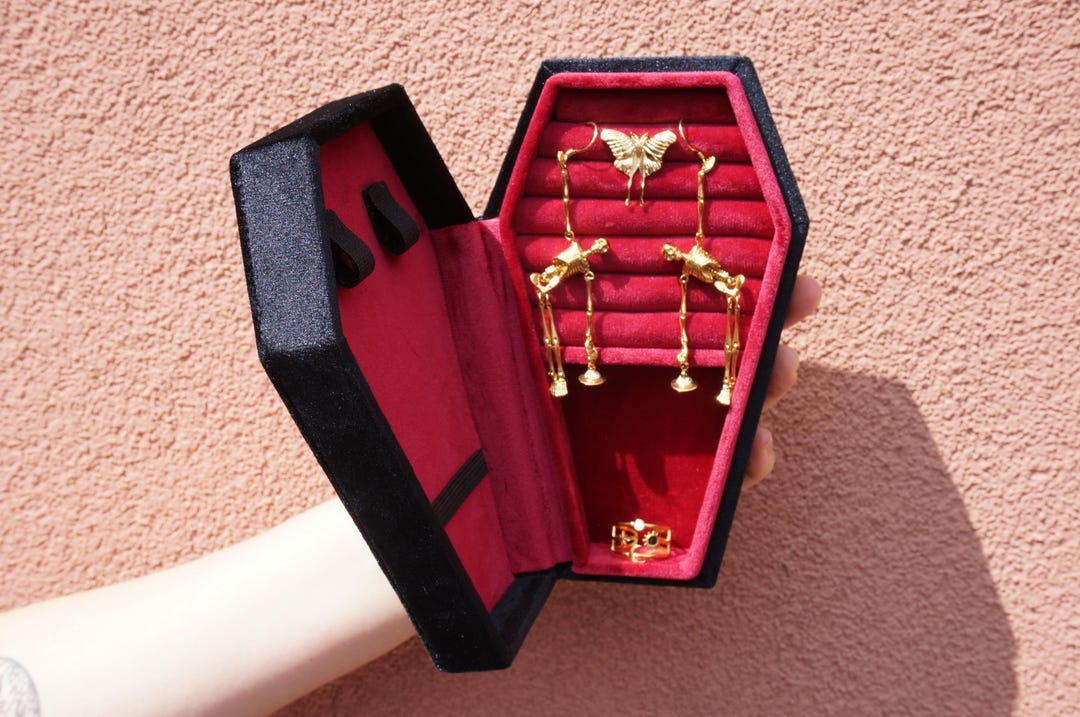 Black Velvet Coffin Jewellery Box With Red Velvet Interior / Ring Box ...