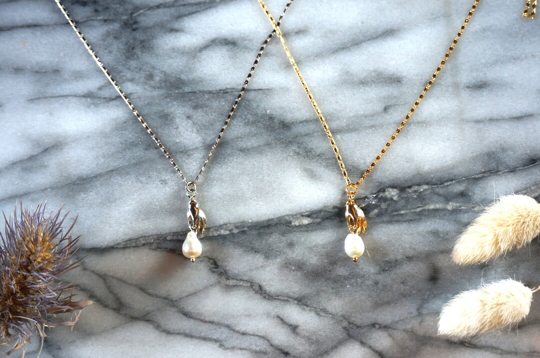 Hand Holding Pearl-drop Necklace / Teardrop Pearl and Hands Dainty ...