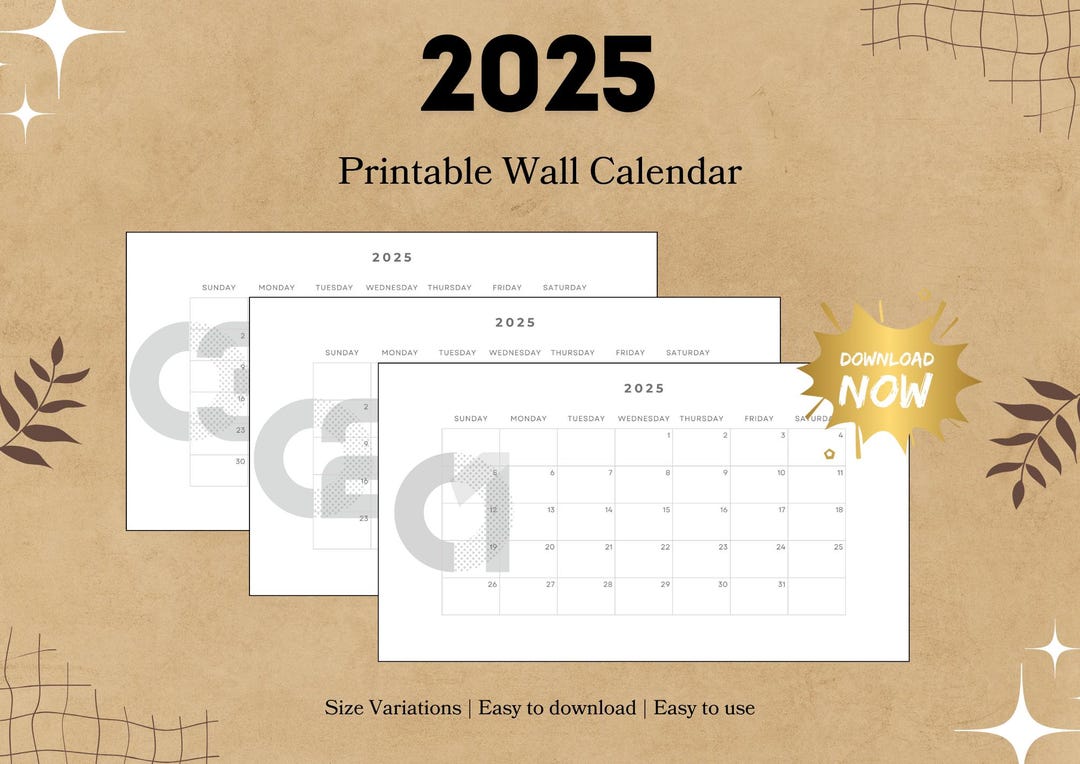 Simple Printable Monthly 2025 Calendar landscape 3 Sizes - Etsy