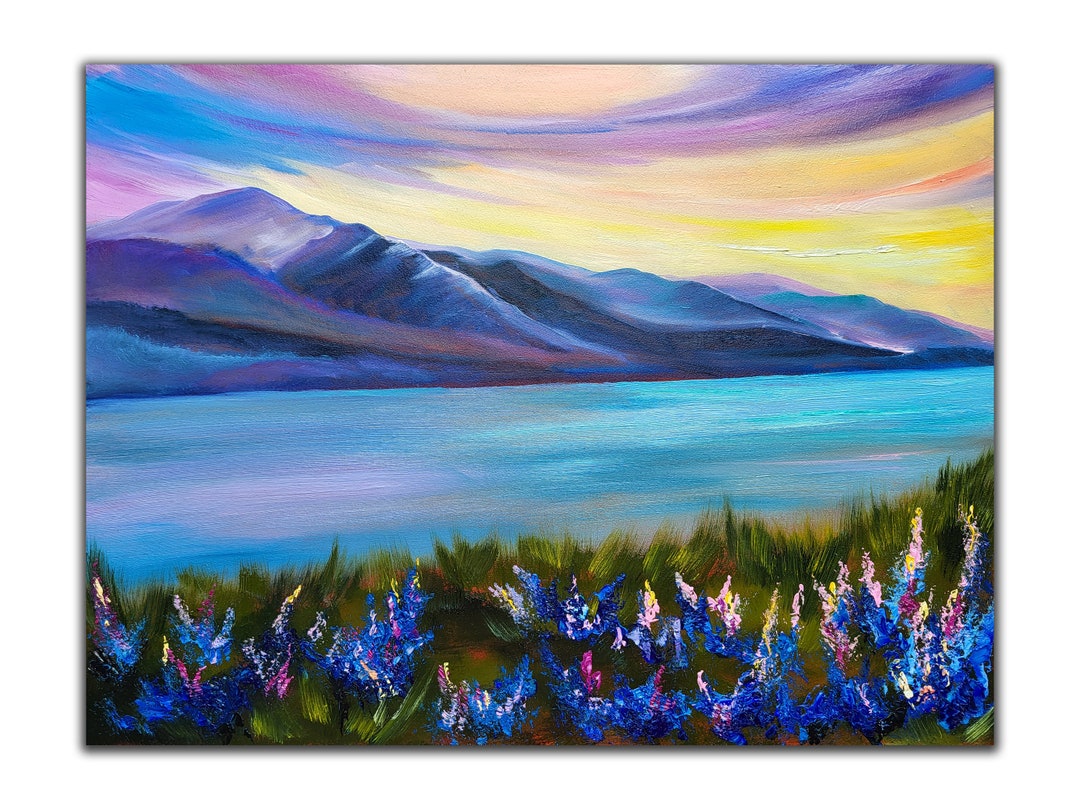 Alaska Painting Blue Mountains and River Original Oil Painting Mountain ...