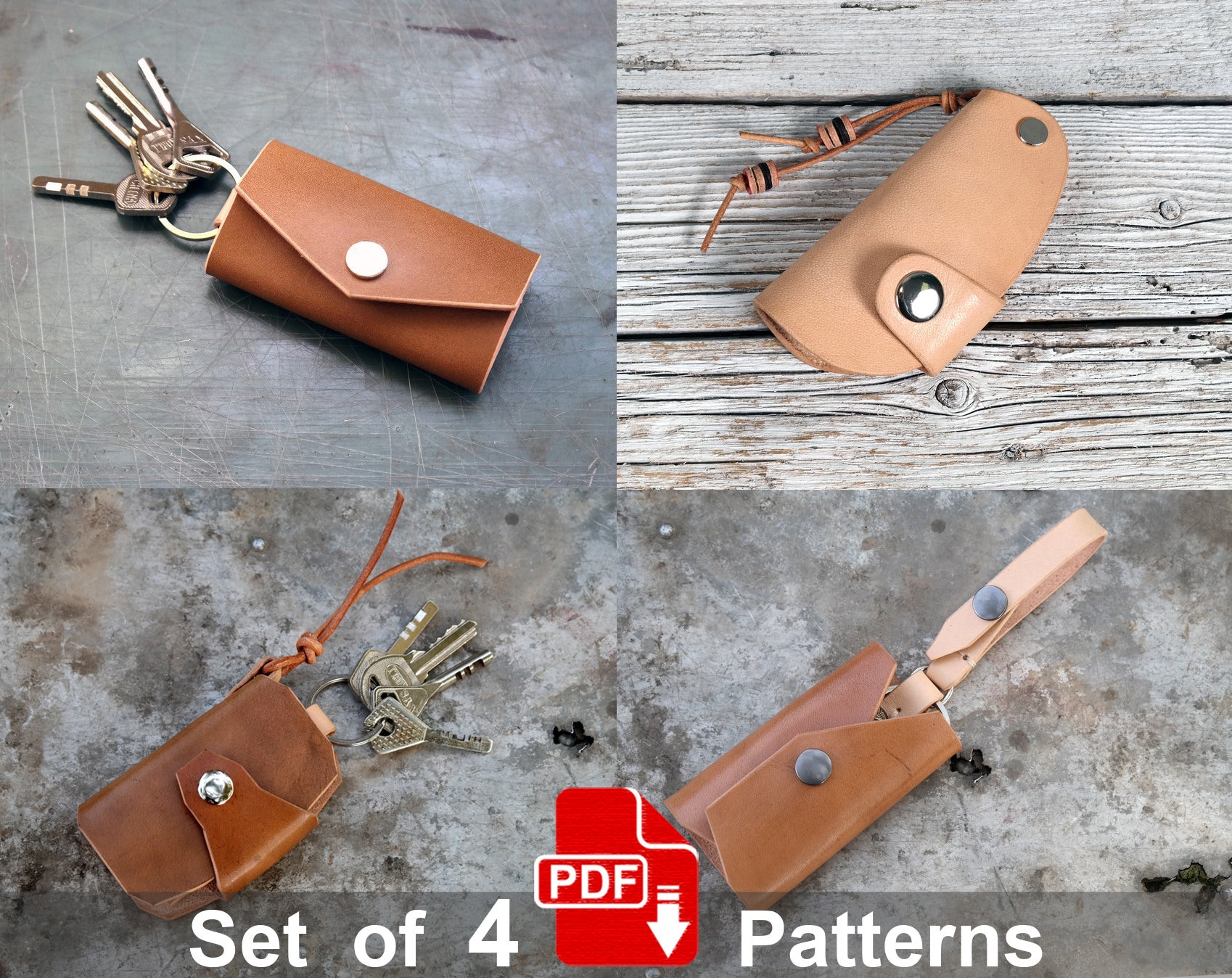 Set of 4 Key Holder Patterns. Leather Key Case PDF Template. - Etsy