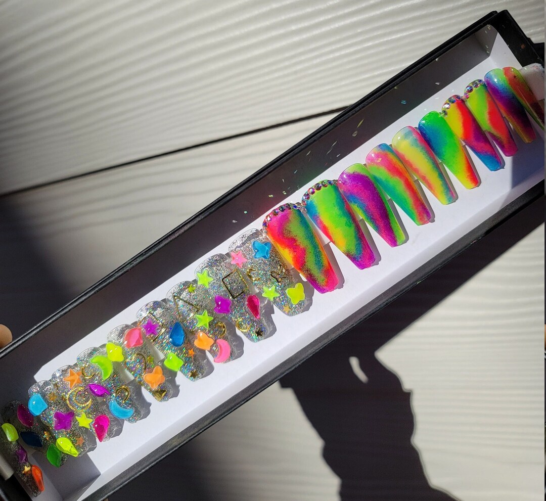 Holographic Glitter Press on Nails: Neon Rainbow Charms, Gold Accents ...