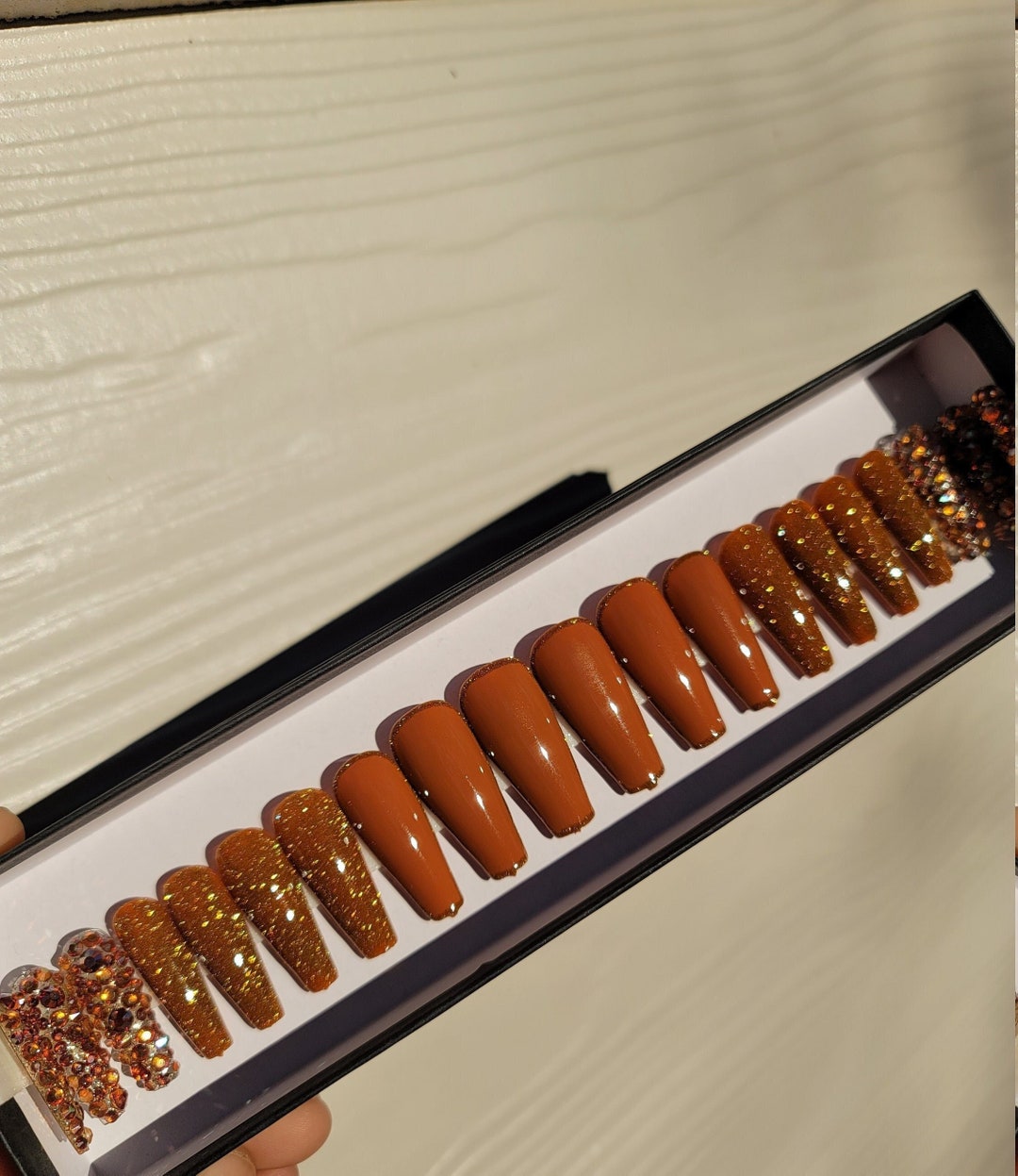 Cognac Brown/gold Glitter FLASH Reflective Cognac Bling Long Coffin ...