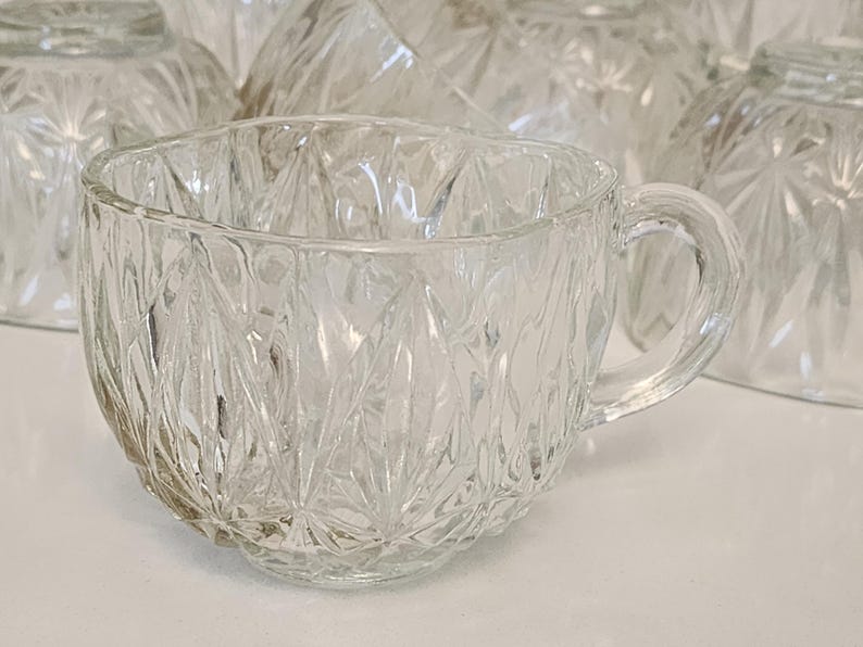 60s Hazel Atlas Williamsport Clear Pressed Glass Punch Bowl Set of 8 ...