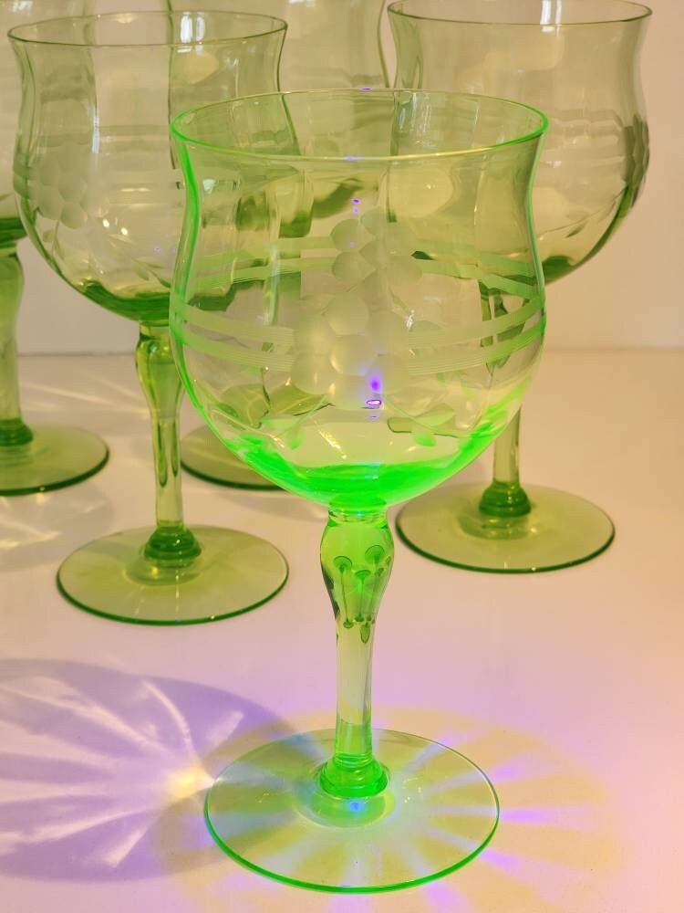 Six Rare Antique Uranium Green Optic Glass Coupe Wine Drinking Glasses ...