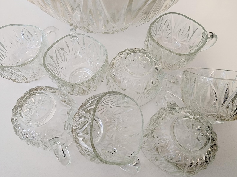 60s Hazel Atlas Williamsport Clear Pressed Glass Punch Bowl Set of 8 ...