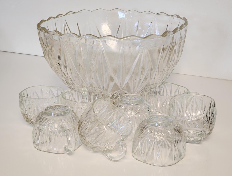 60s Hazel Atlas Williamsport Clear Pressed Glass Punch Bowl Set of 8 ...
