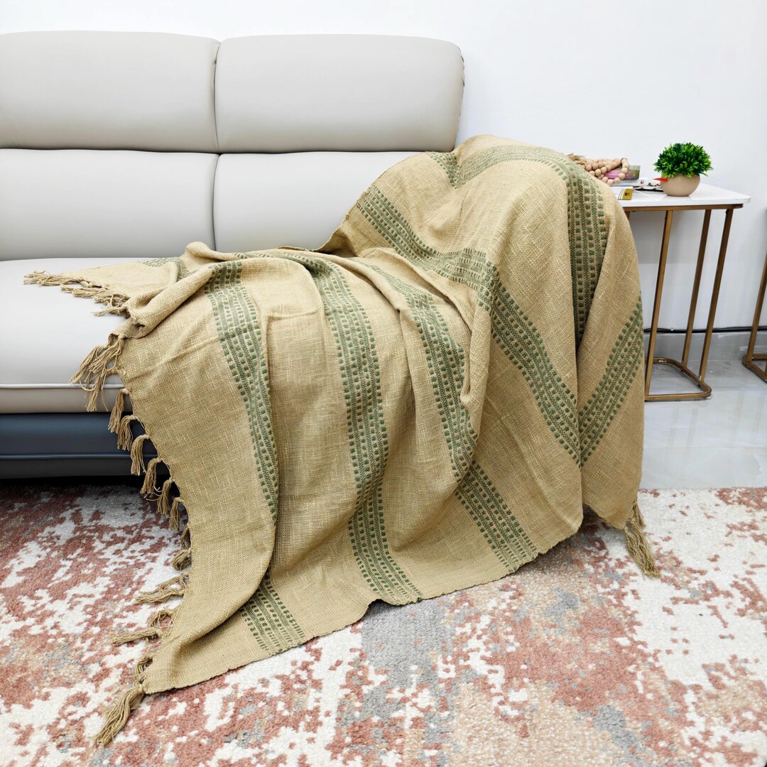 Beige Handwoven Cotton Rustic Throw Blanket | 52x62