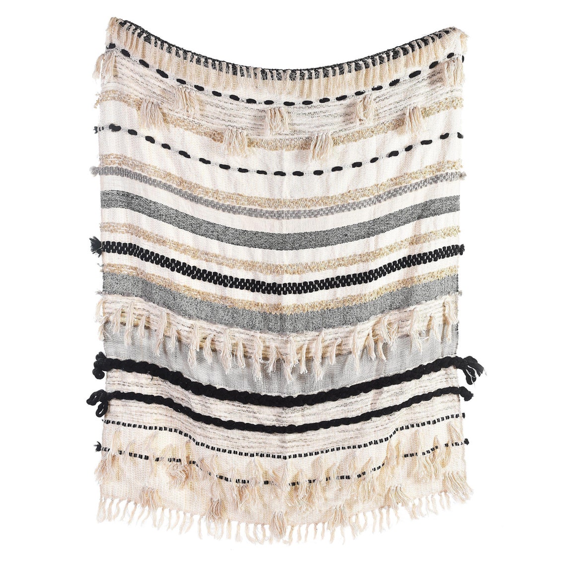Hand Loom Woven Cotton Acrylic Wool Chunky Woven Cream Ivory Black Grey ...